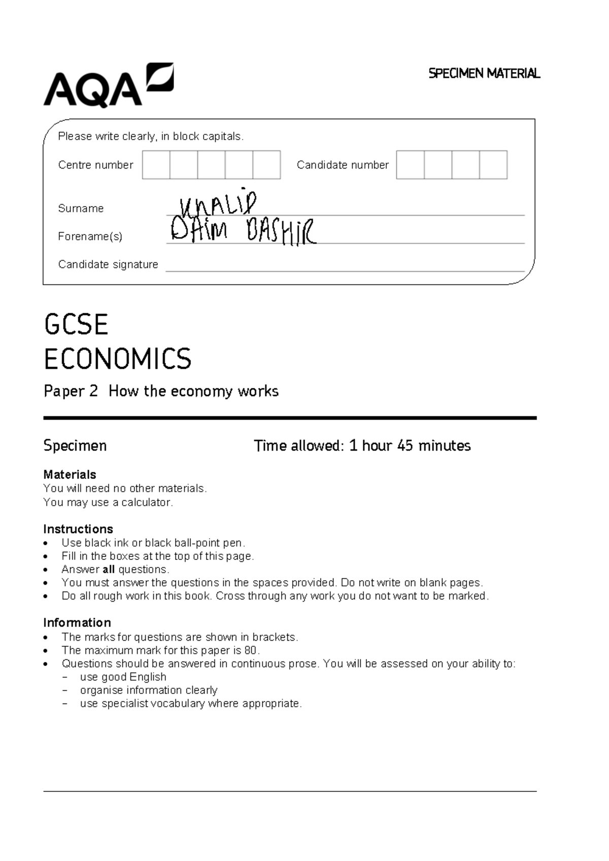 Daim Economics 9 Marker - SPECIMEN MATERIAL GCSE ECONOMICS Paper 2 How ...
