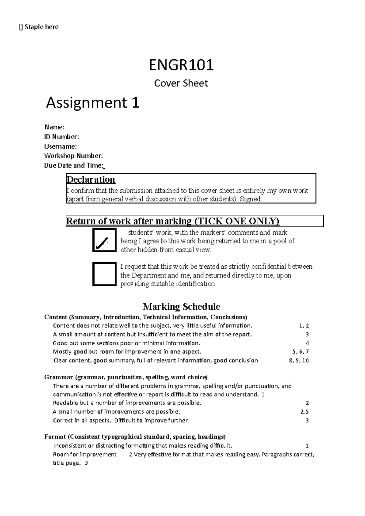 ENGR101 Assignment 1 - {} Staple here ENGR Cover Sheet Assignment 1 ...