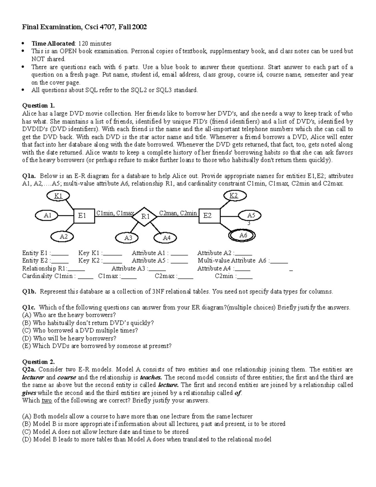 Data bases Management and SQL - Final Examination, Csci 4707, Fall 2002 ...