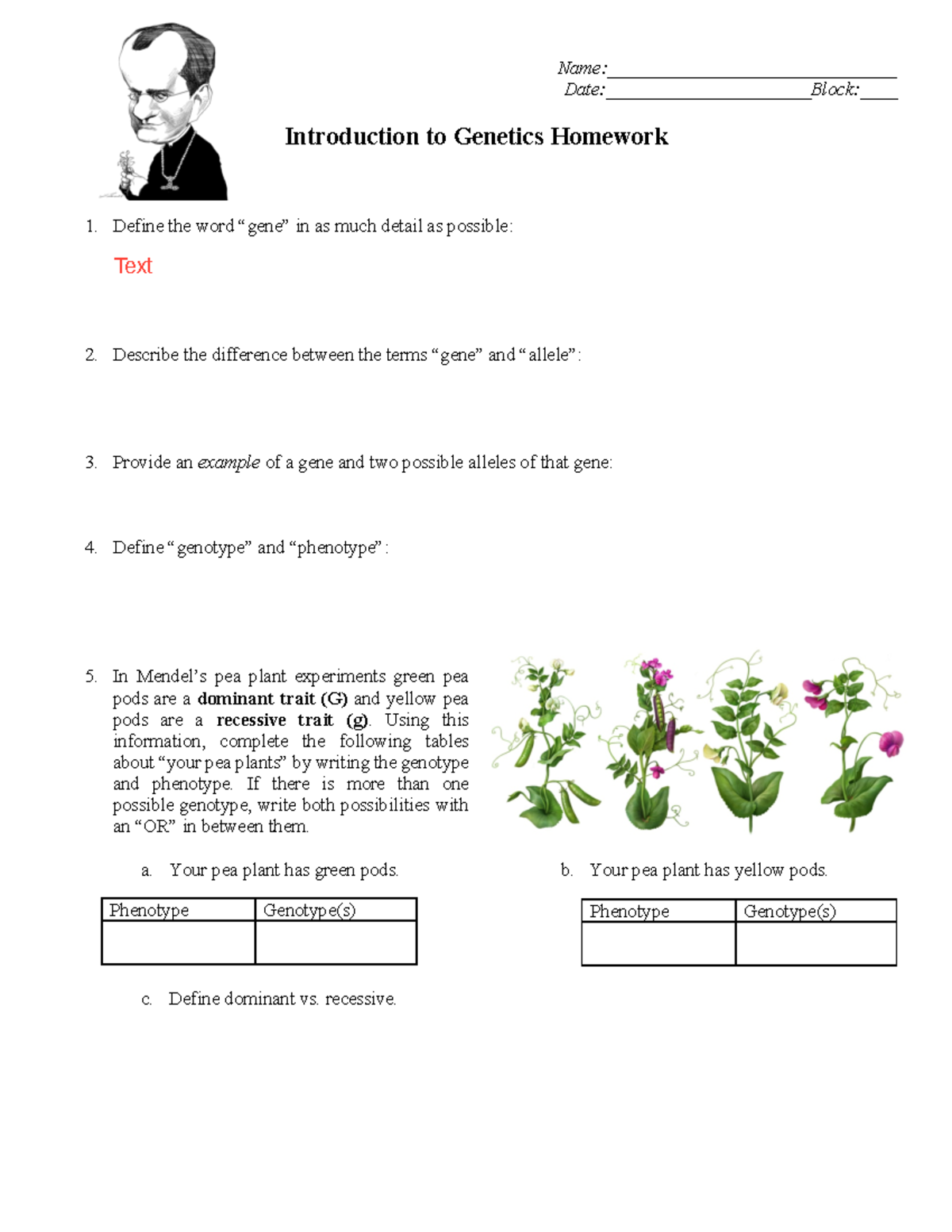 Introduction to Genetics Worksheet - Name ...