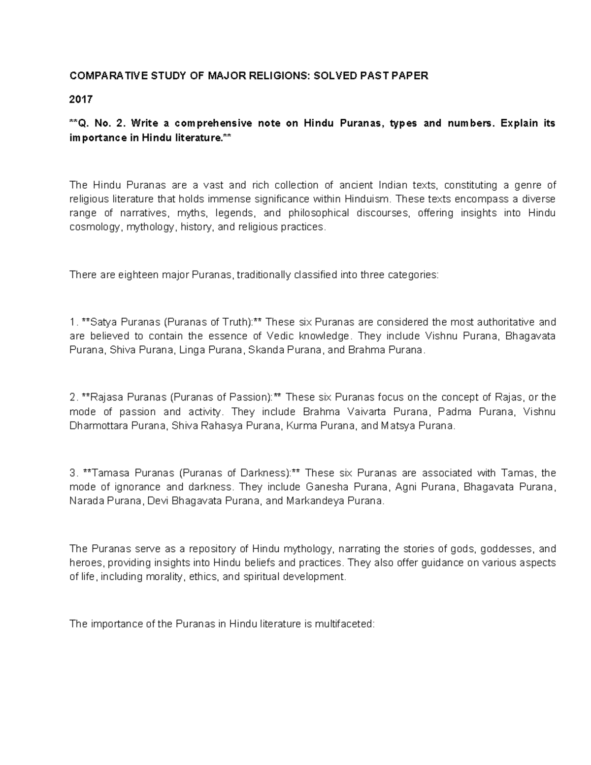 Comparative study solved papers - COMPARATIVE STUDY OF MAJOR RELIGIONS ...