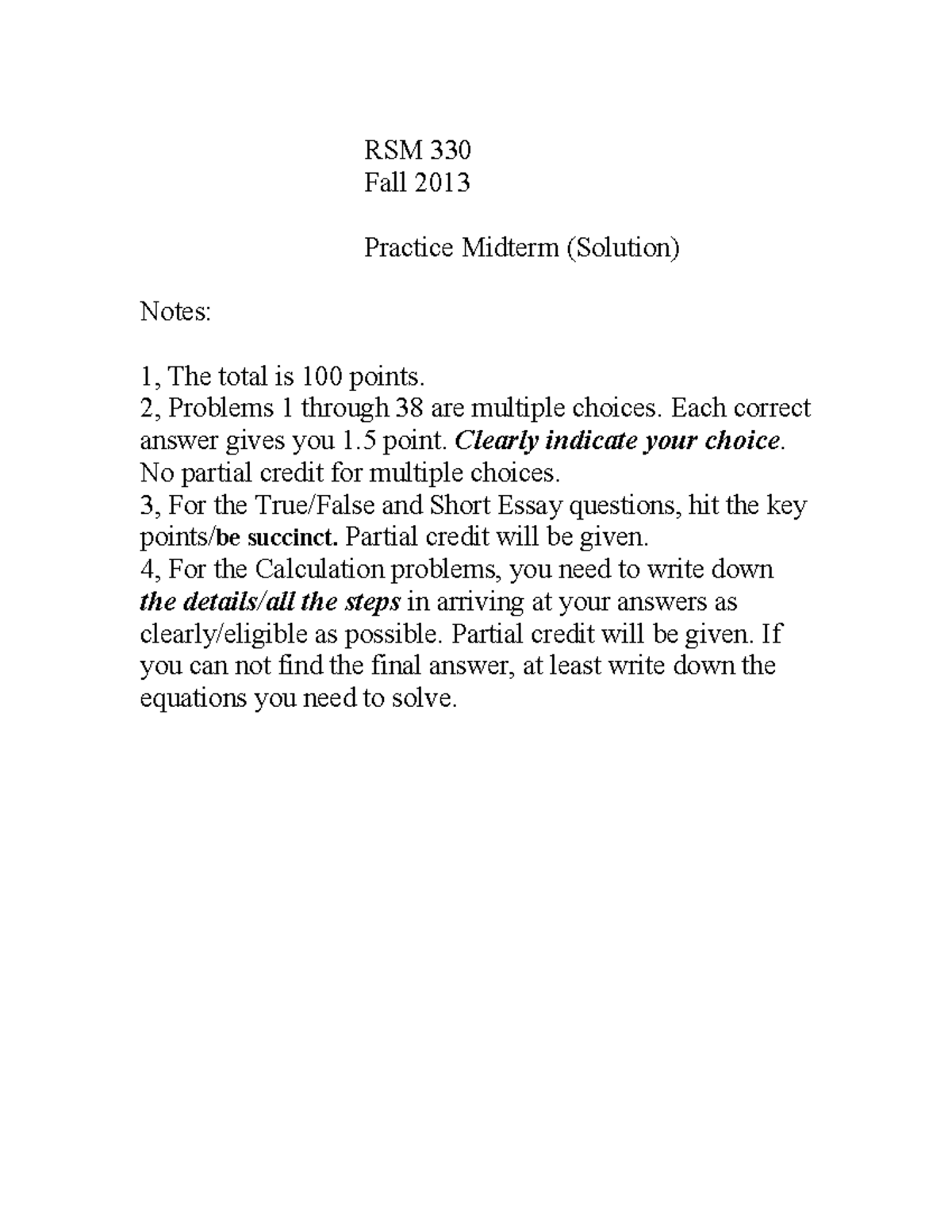 Midterm 2013 Solutions - RSM 330 Fall 2013 Practice Midterm (Solution ...
