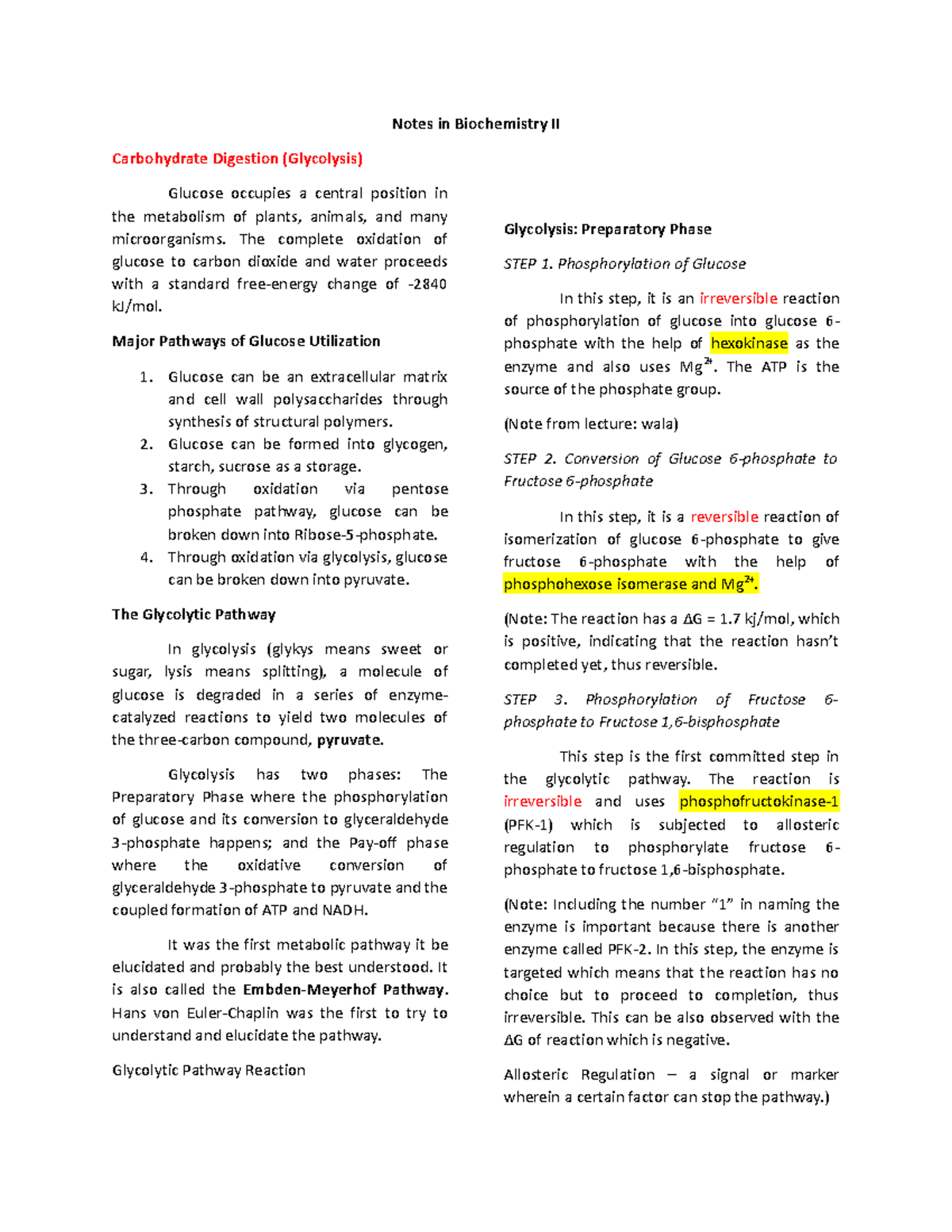 Biochem Notes II - Notes in Biochemistry II Carbohydrate Digestion ...