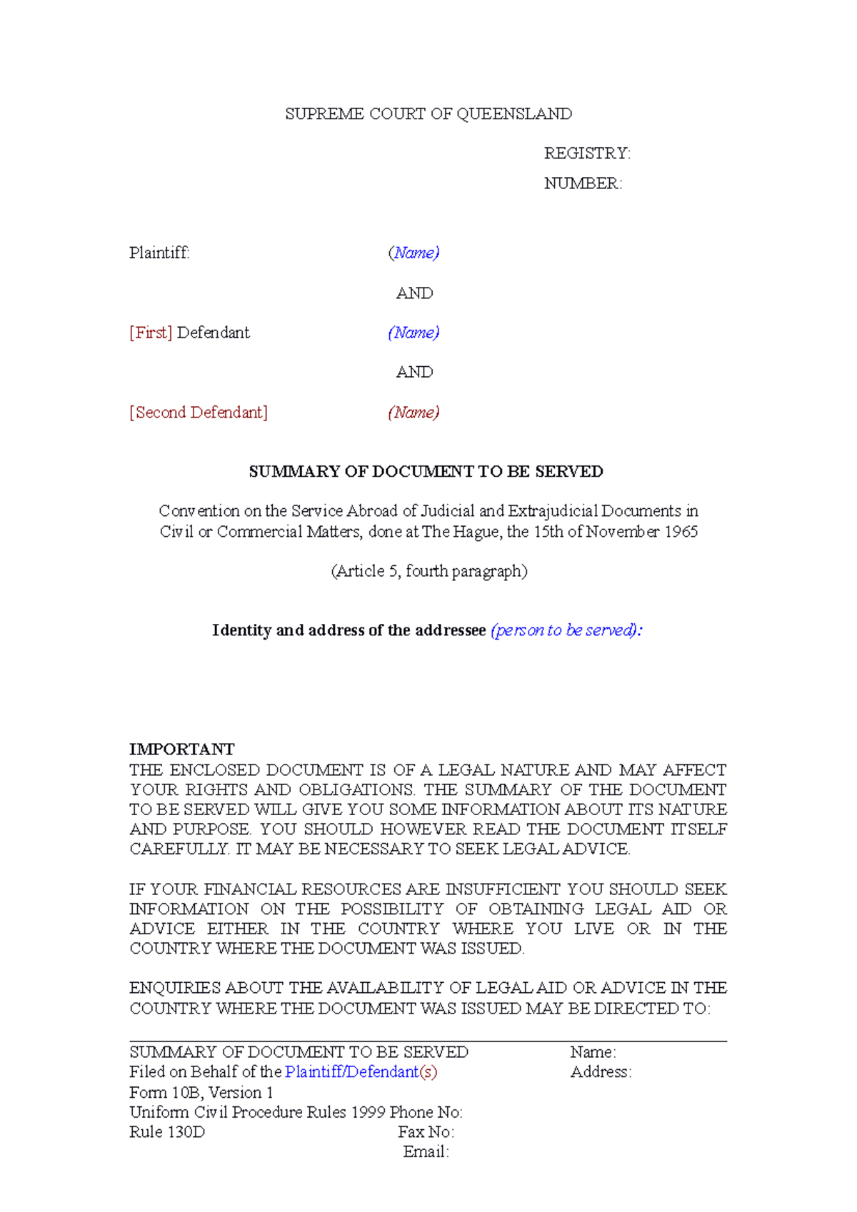 Example of Summary of Document to be Served - UCPR - SUPREME COURT OF ...