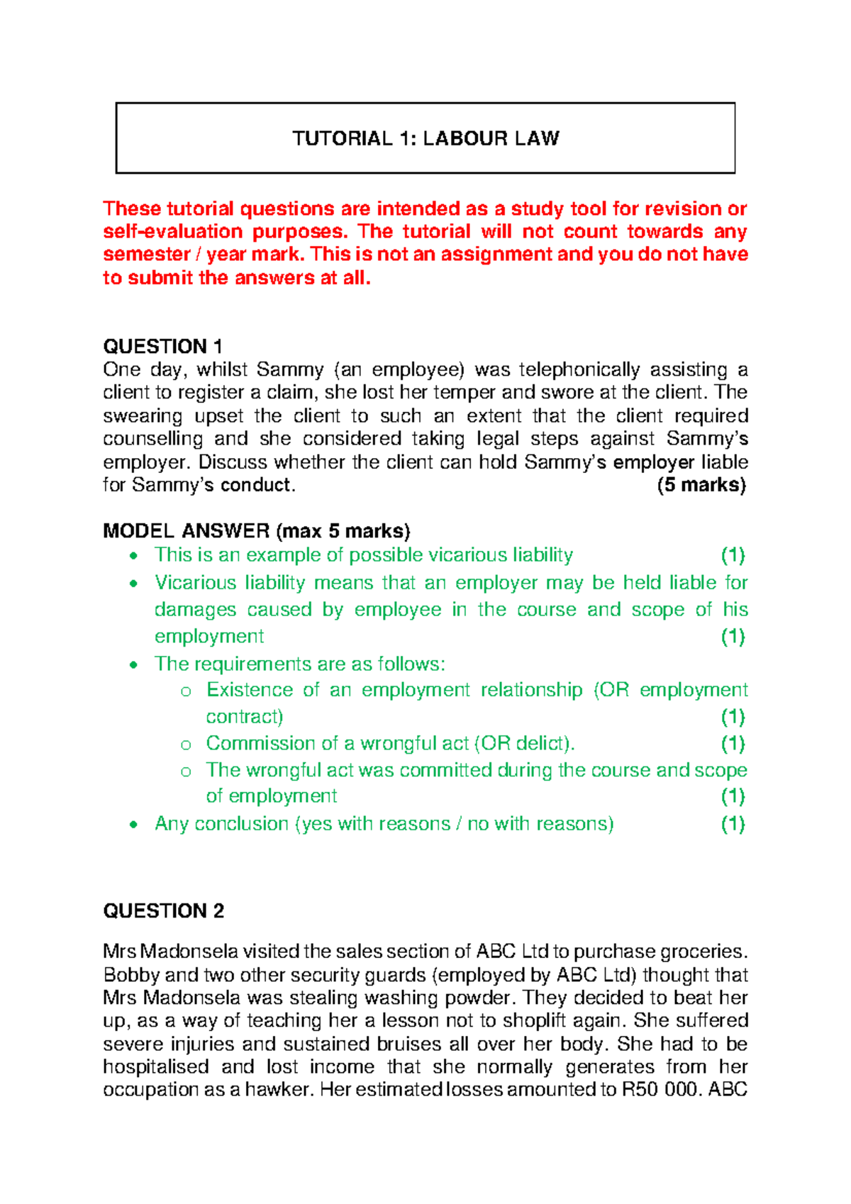 Tutorial Questions - Labour - TUTORIAL 1: LABOUR LAW These tutorial ...