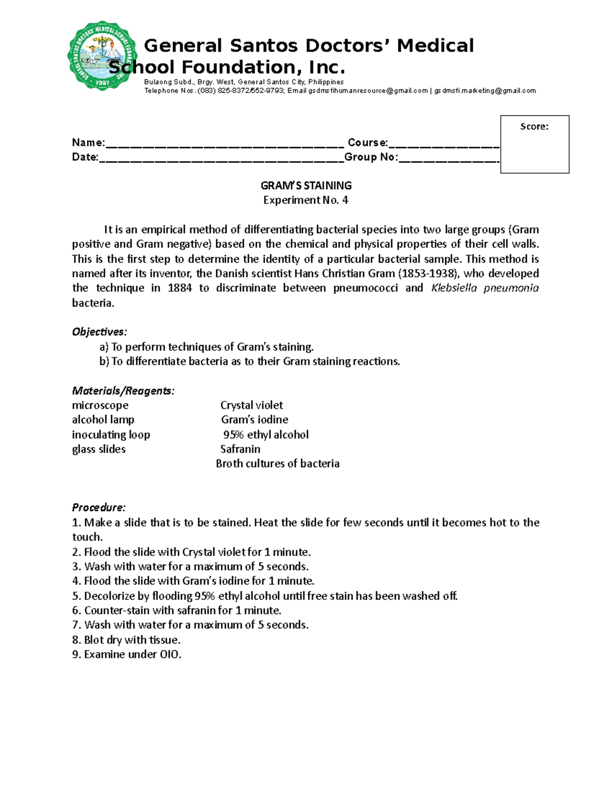 BIO 103 LAB Worksheet 4GRAM Staining - General Santos Doctors’ Medical ...