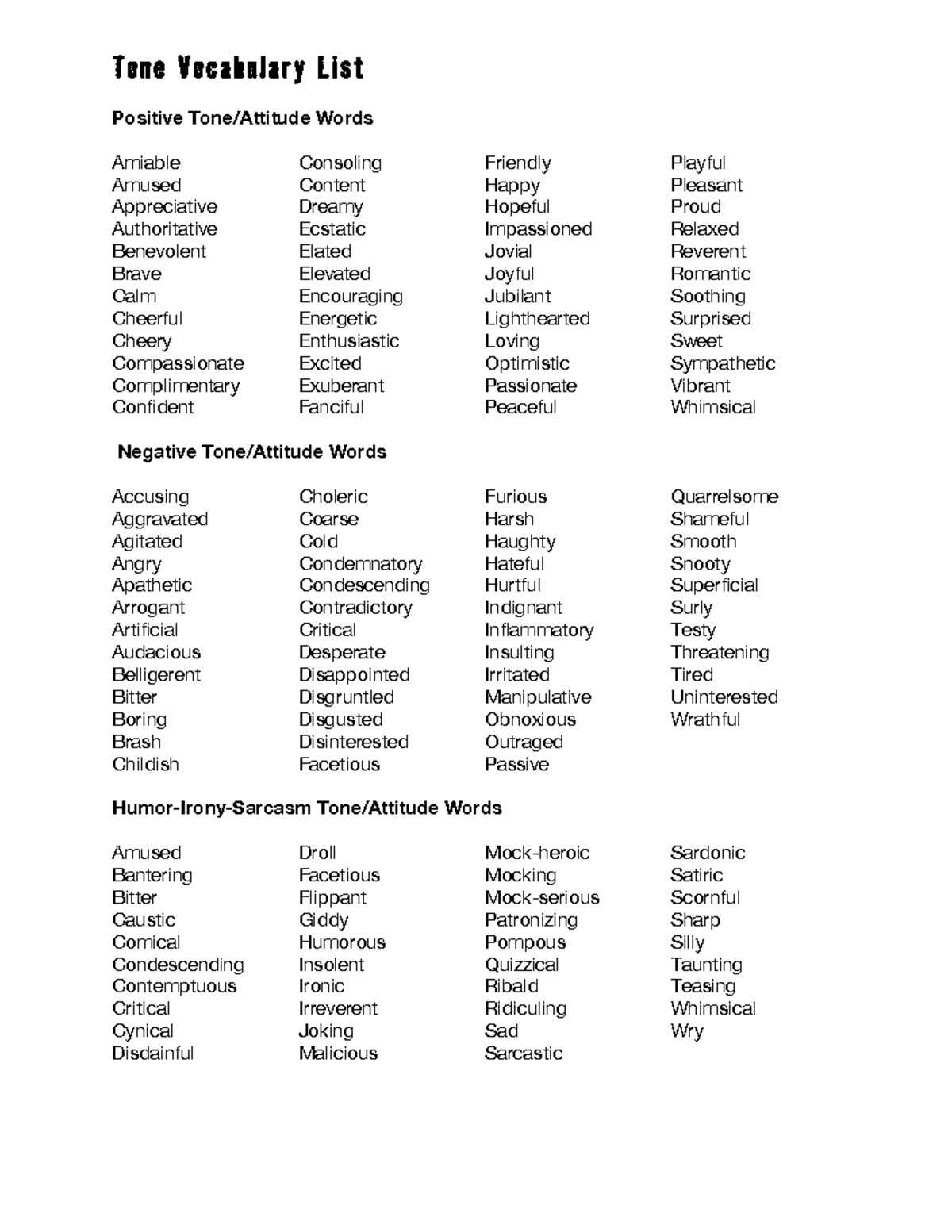 Tone words - Usefull - Tone Vocabulary List Positive Tone/Attitude ...