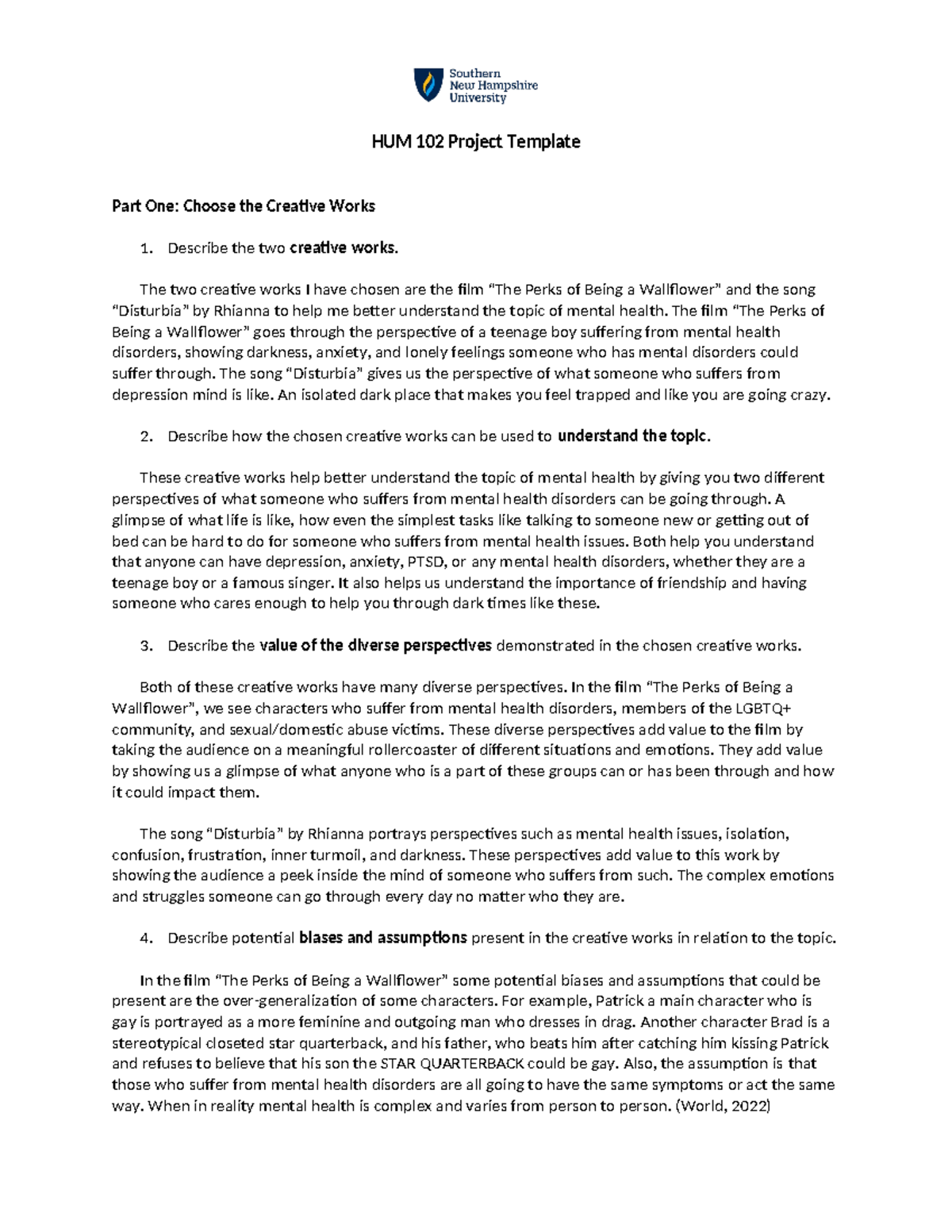 HUM 102 Project Template final - HUM 102 Project Template Part One: Choose the Creative Works 1 ...