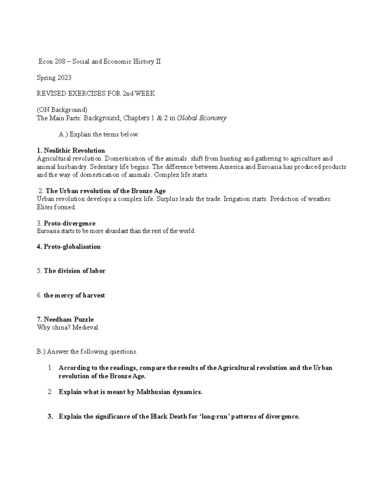 ECON-208-2nd week questions Revised - Econ 208 – Social and Economic History II Spring 2023 ...