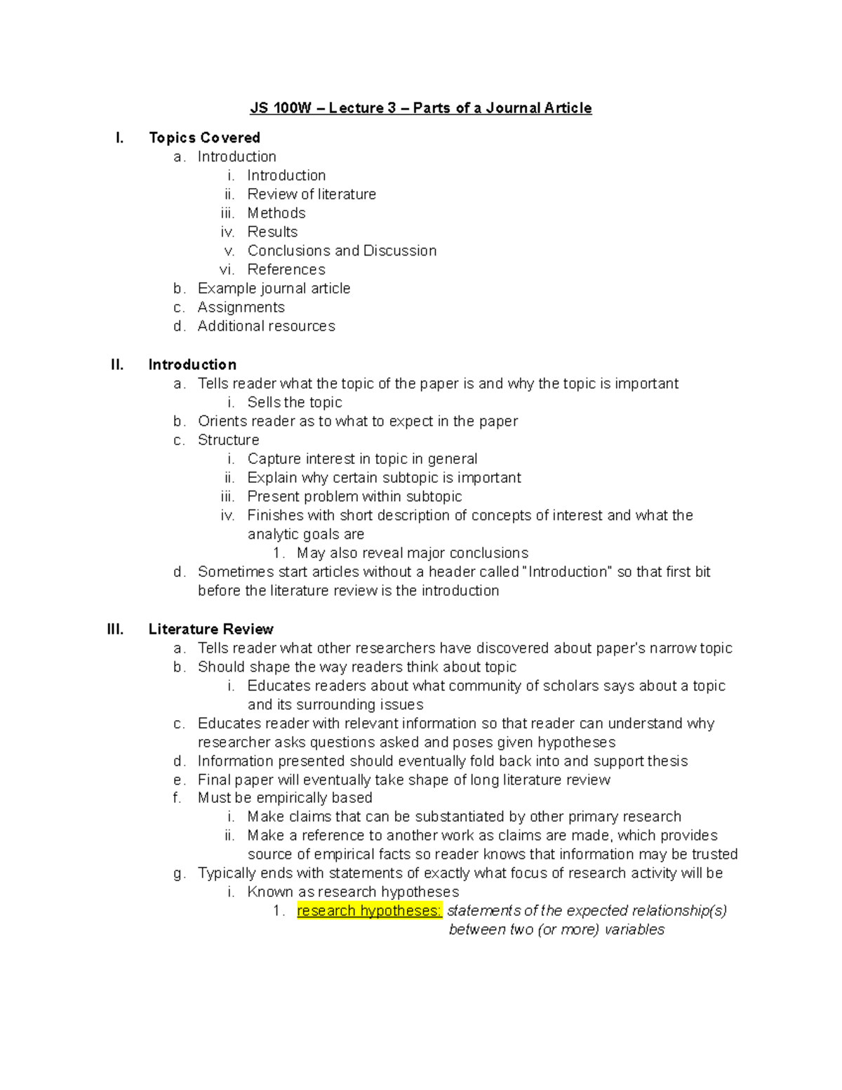 JS 100W - Lecture 3 - Parts of a Journal Article - JS 100W – Lecture 3 ...