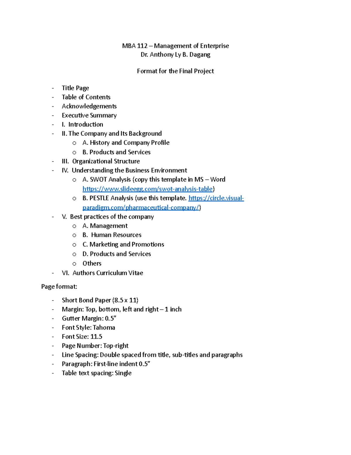 MBA 112 Final Project Contents- Format for the Final Project - MBA 112 ...