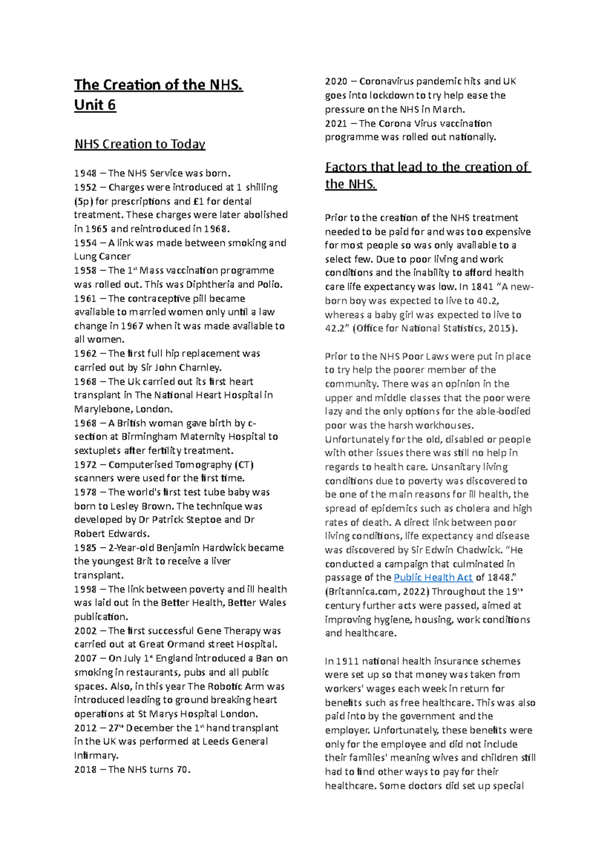 The Creation of the NHS journal - The Creation of the NHS. Unit 6 NHS ...