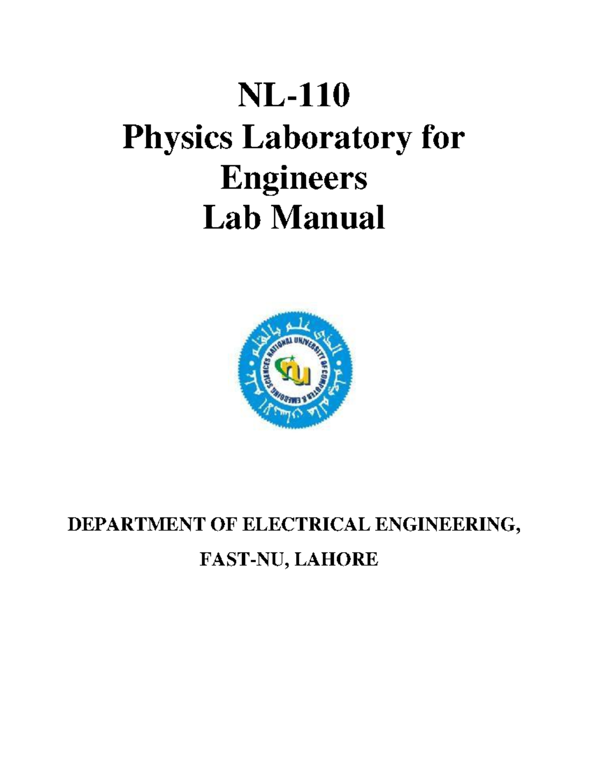 NL-110 Physics Laboratory for Engineers Lab Manual - NL- Physics Laboratory for Engineers Lab ...