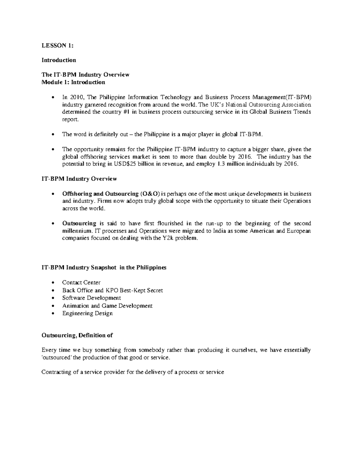 BPO Lesson 1-3 - LESSON 1: Introduction The IT-BPM Industry Overview ...