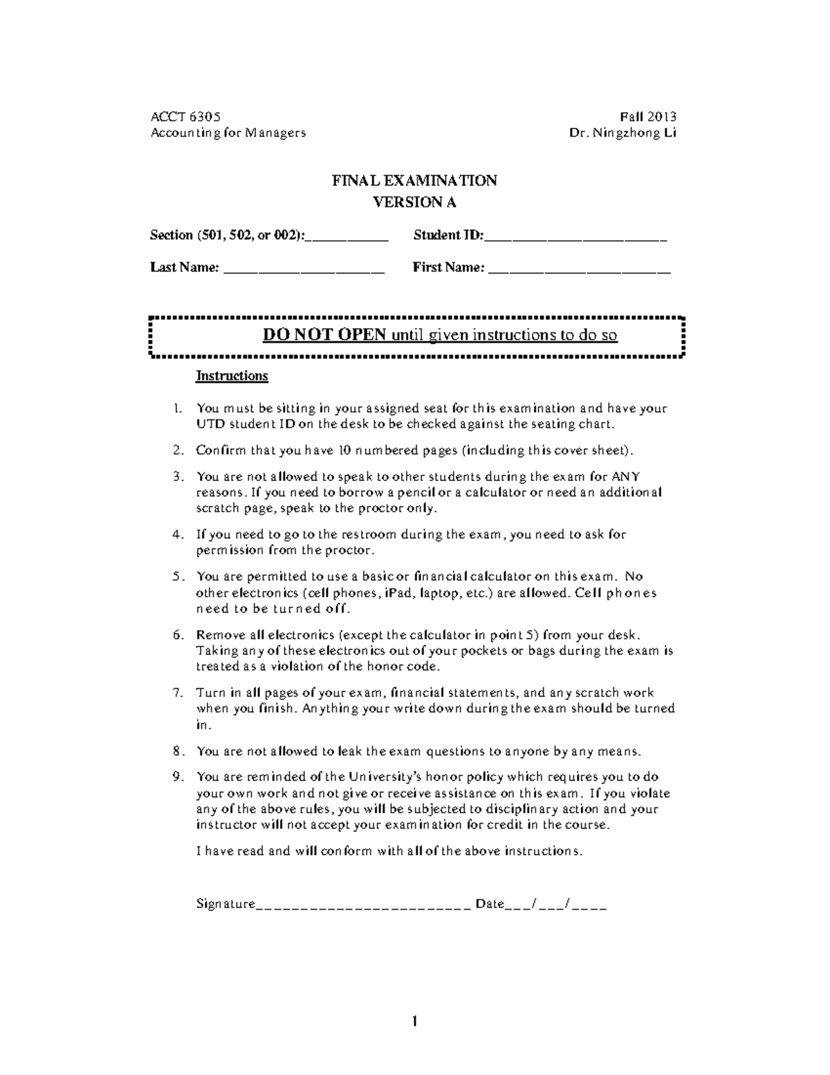 Sample exam(12) - ACCT 6305 Fall 2013 Accounting for Managers Dr ...