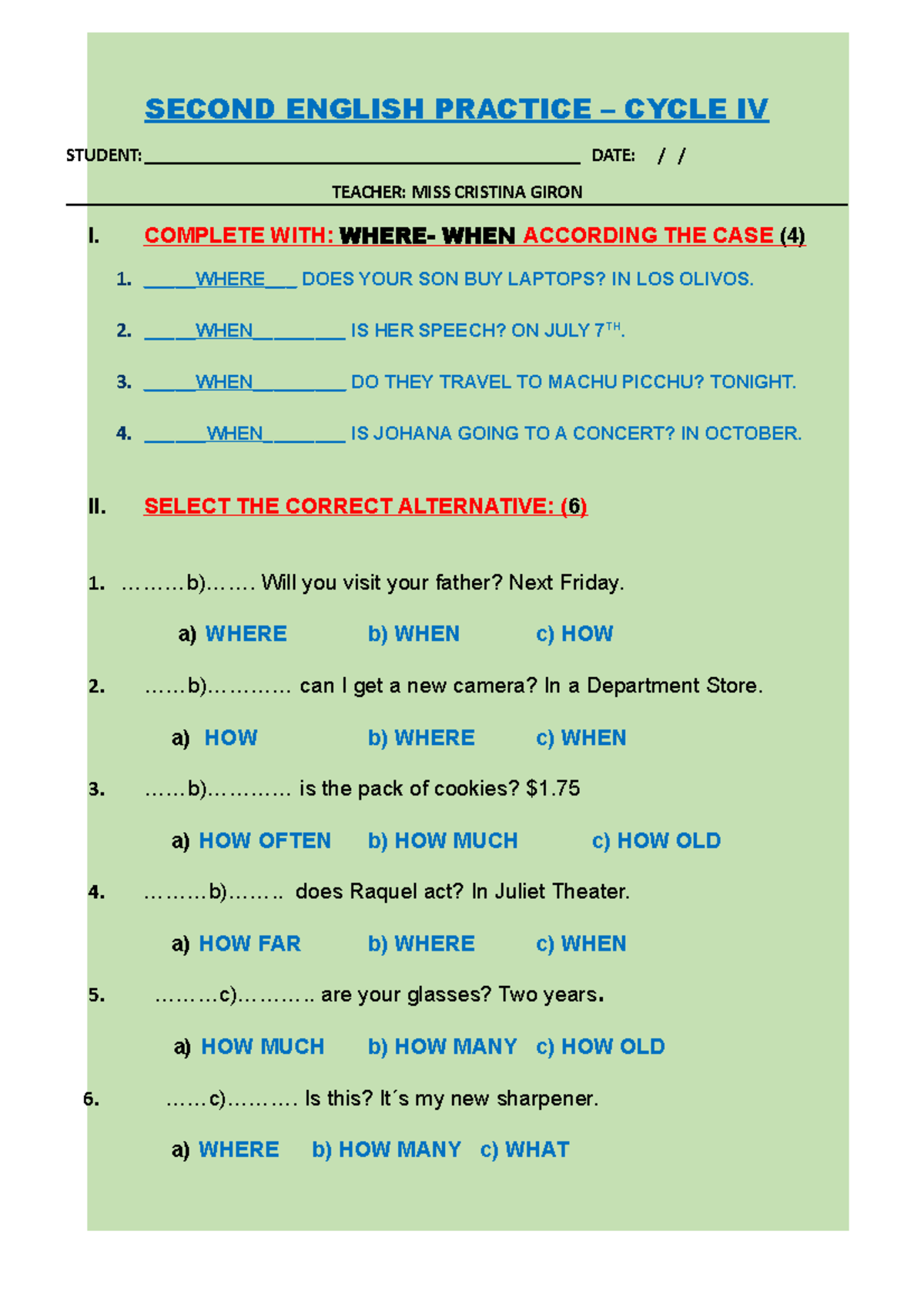 2022 - Second English Practice IV Cicle - SECOND ENGLISH PRACTICE ...