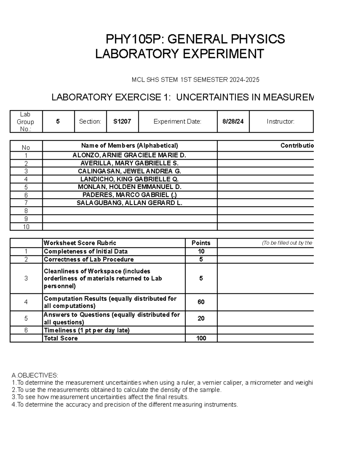 EXPT1 Uncertainties IN Measurements - Sheet 1 - PHY105P: GENERAL ...