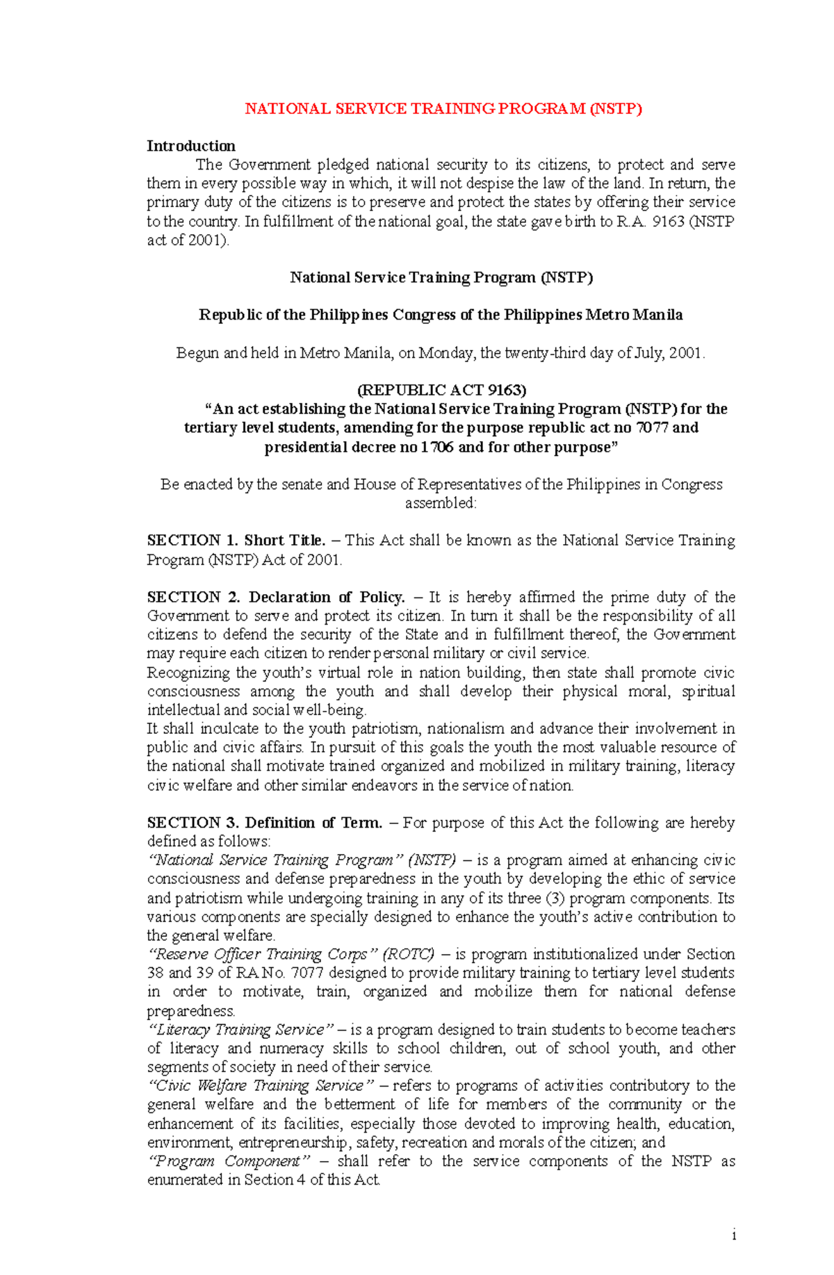 WEEK-1 RA-9163 BILL-of- Rights - NATIONAL SERVICE TRAINING PROGRAM ...