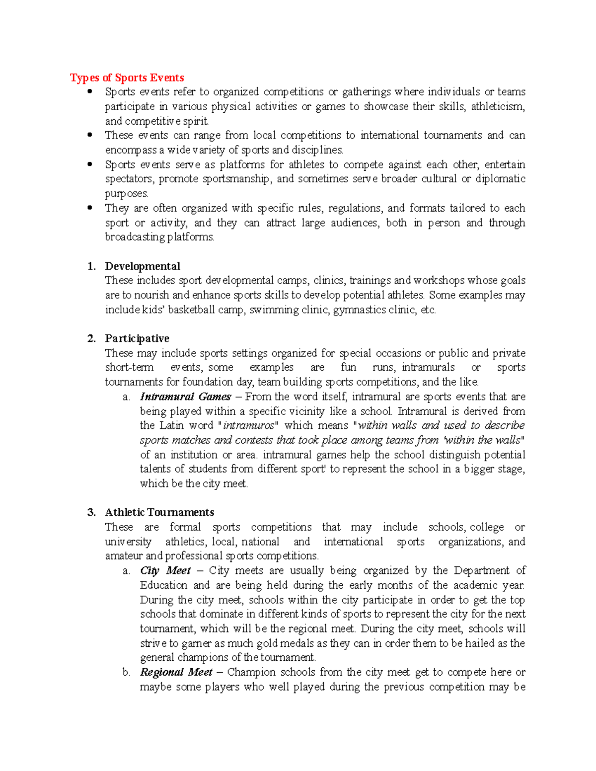 Types of Sports Events Module - Types of Sports Events Sports events ...