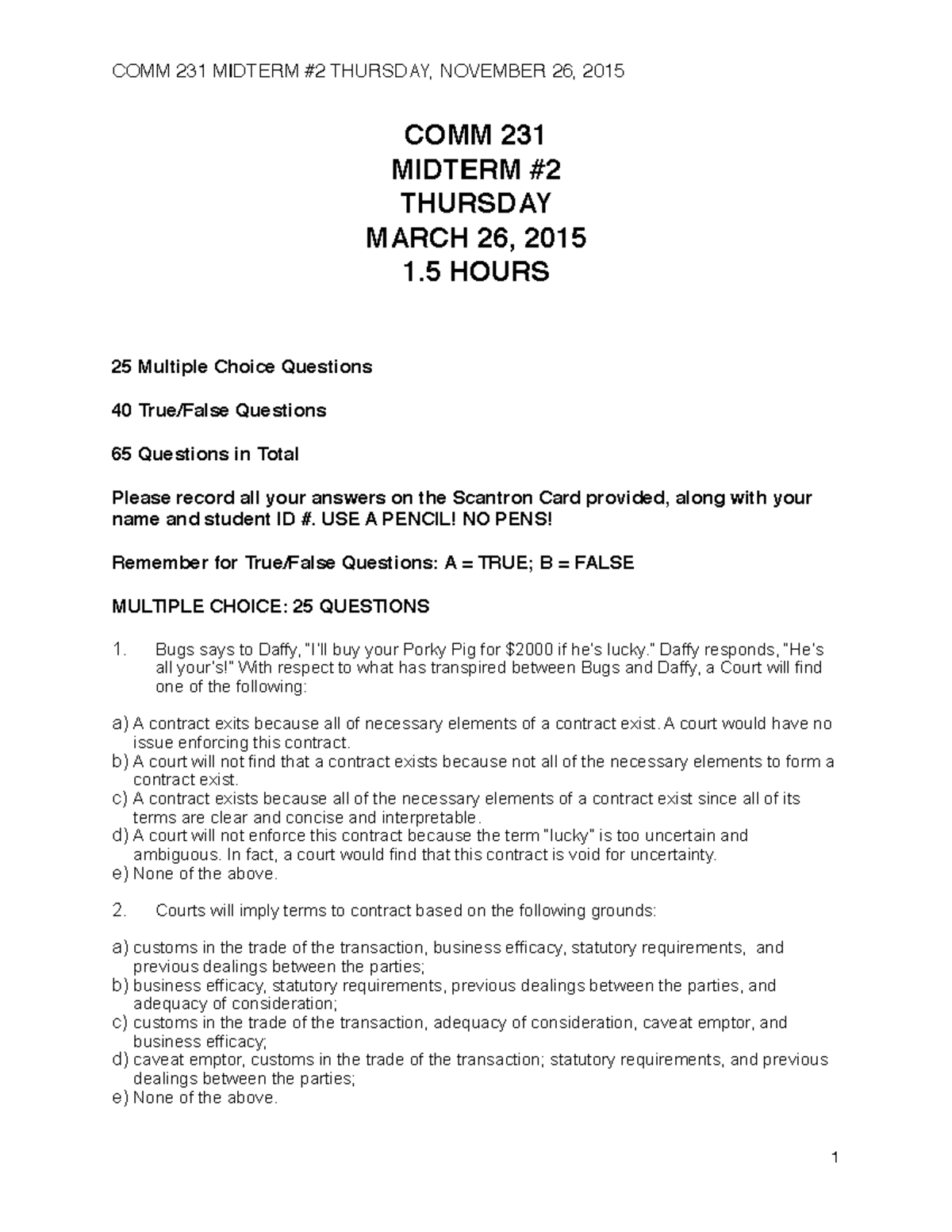 15F M2 Midterm 2 for fall 2015 review a - COMM 231 MIDTERM THURSDAY ...