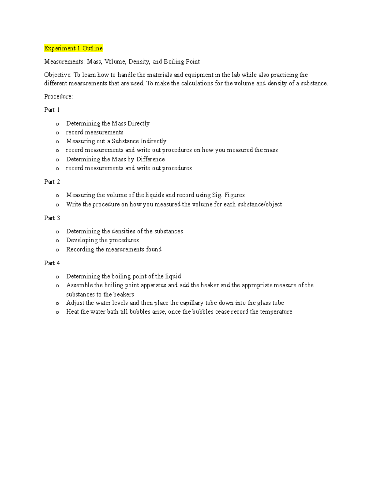 Experiment 1 Outline - Experiment 1 Outline Measurements: Mass, Volume ...