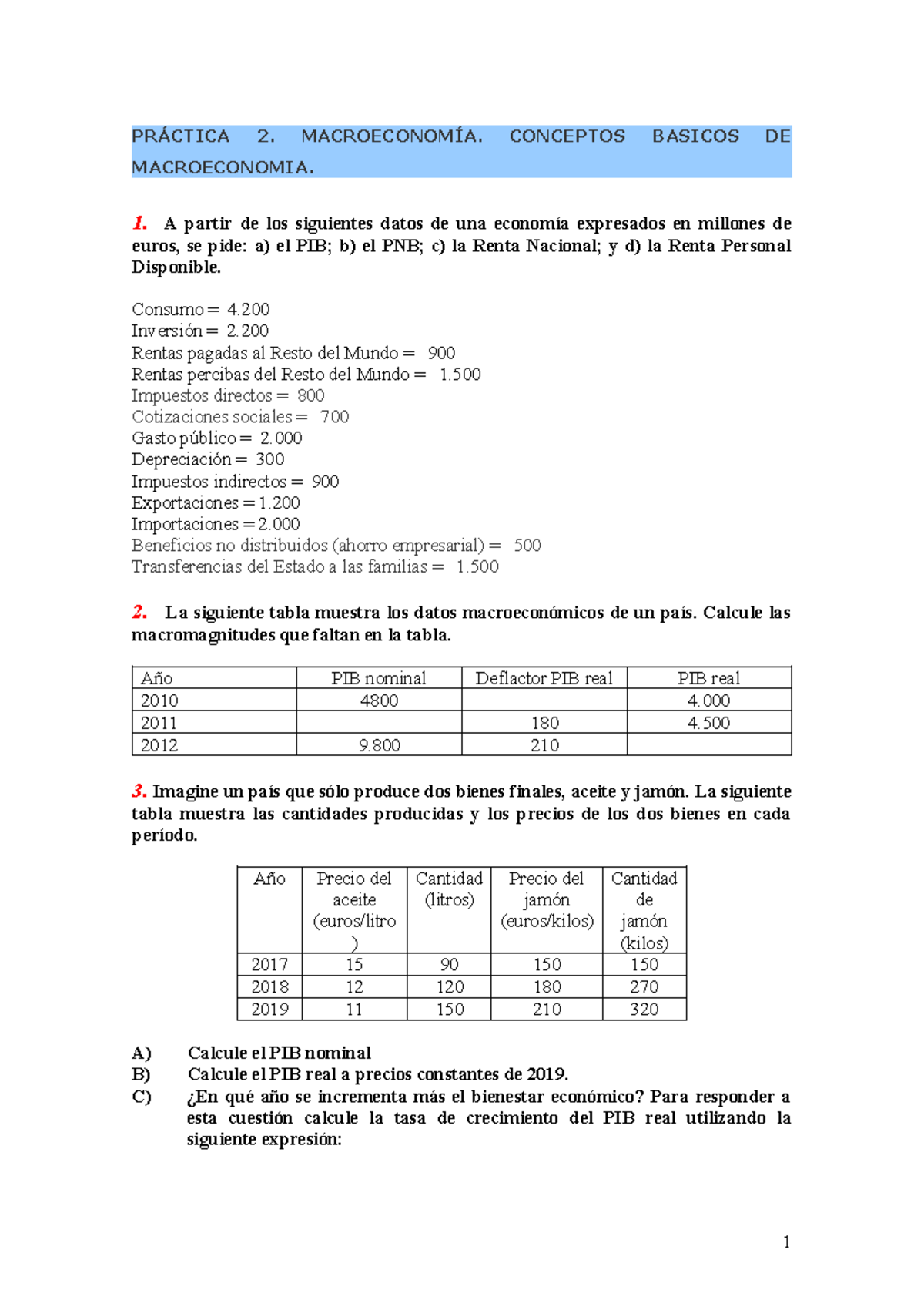 Practica 2 Grupo 4 - PRÁCTICA 2. MACROECONOMÍA. CONCEPTOS BASICOS DE MACROECONOMIA. 1. A partir ...