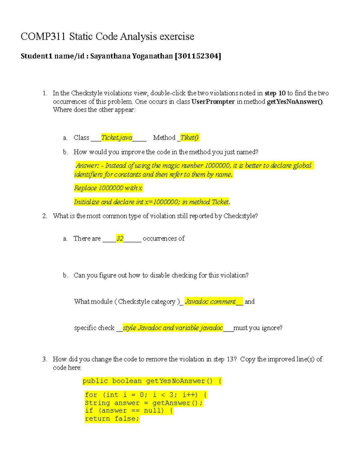 Checkstyle Lab-Questions Sayanthana - COMP311 Static Code Analysis exercise Student1 name/id ...