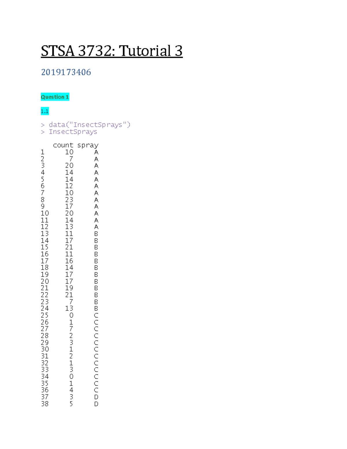 Tutorial 3 R code - STSA 3732: Tutorial 3 2019173406 Question 1 1. > - Studocu