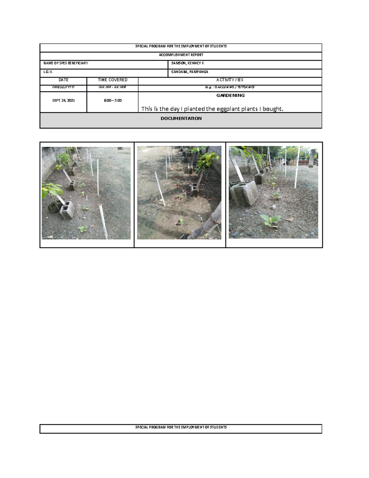 SPES- Candaba-WEEK1- Samson Kenncy-J - ACCOMPLISHMENT REPORT NAME OF ...