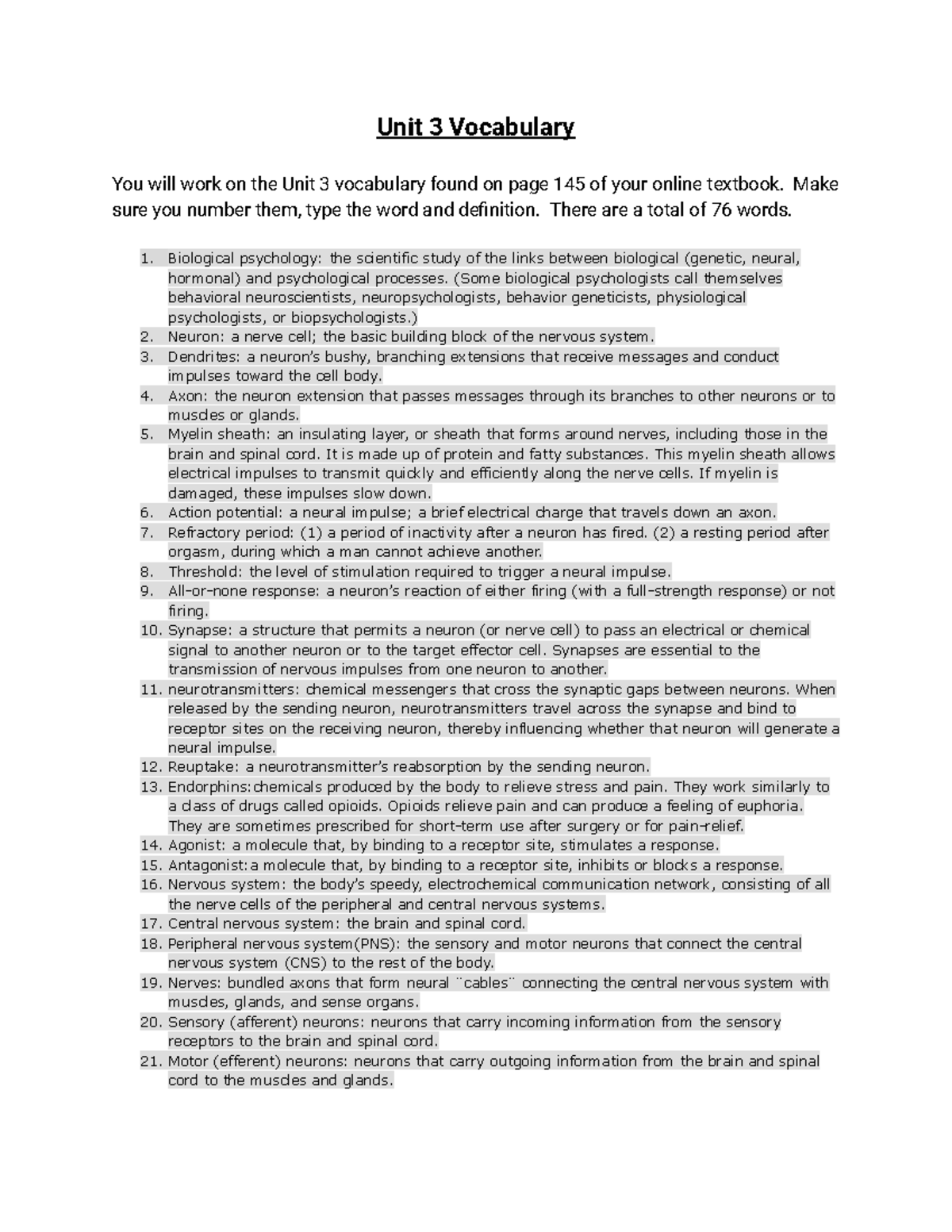 AP Psych- Unit 3 Vocabulary - Unit 3 Vocabulary You will work on the ...