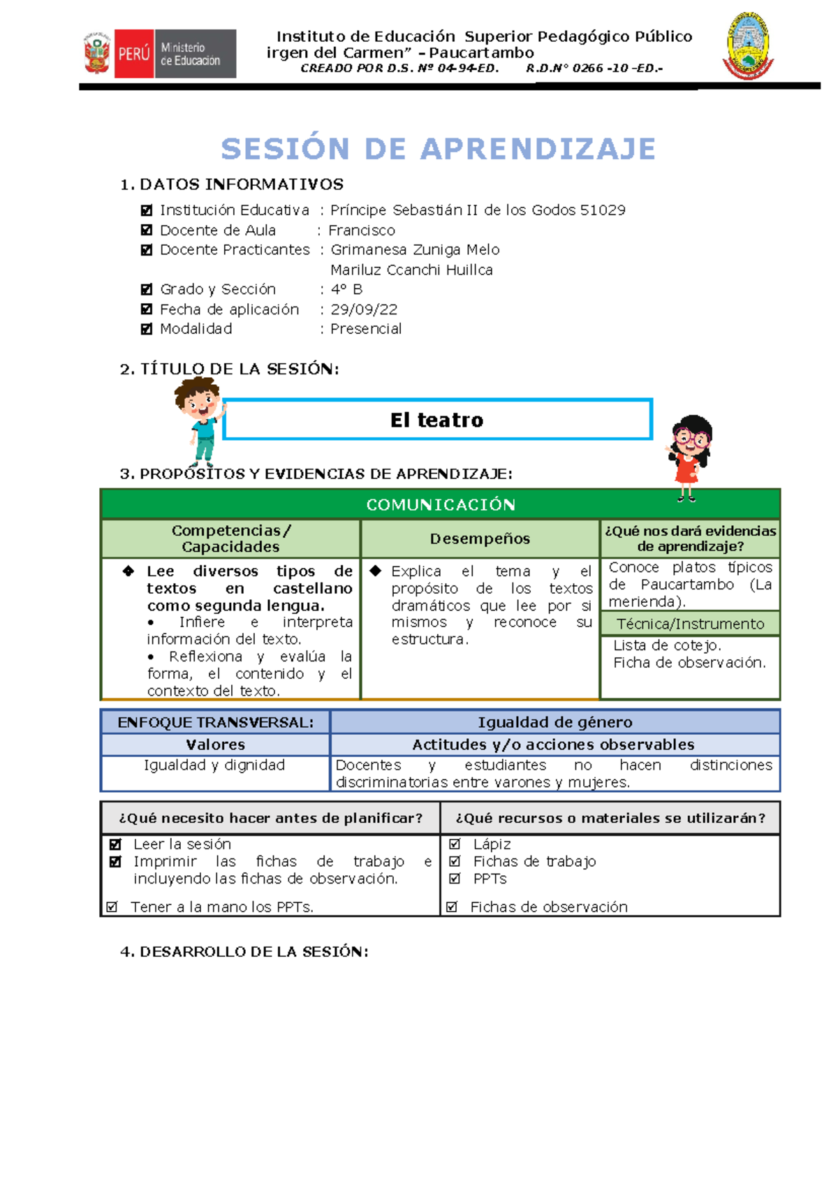 Sesión DE Aprendizaje N°10 Recetas - irgen del Carmen” – Paucartambo CREADO POR D. Nº 04-94-ED ...