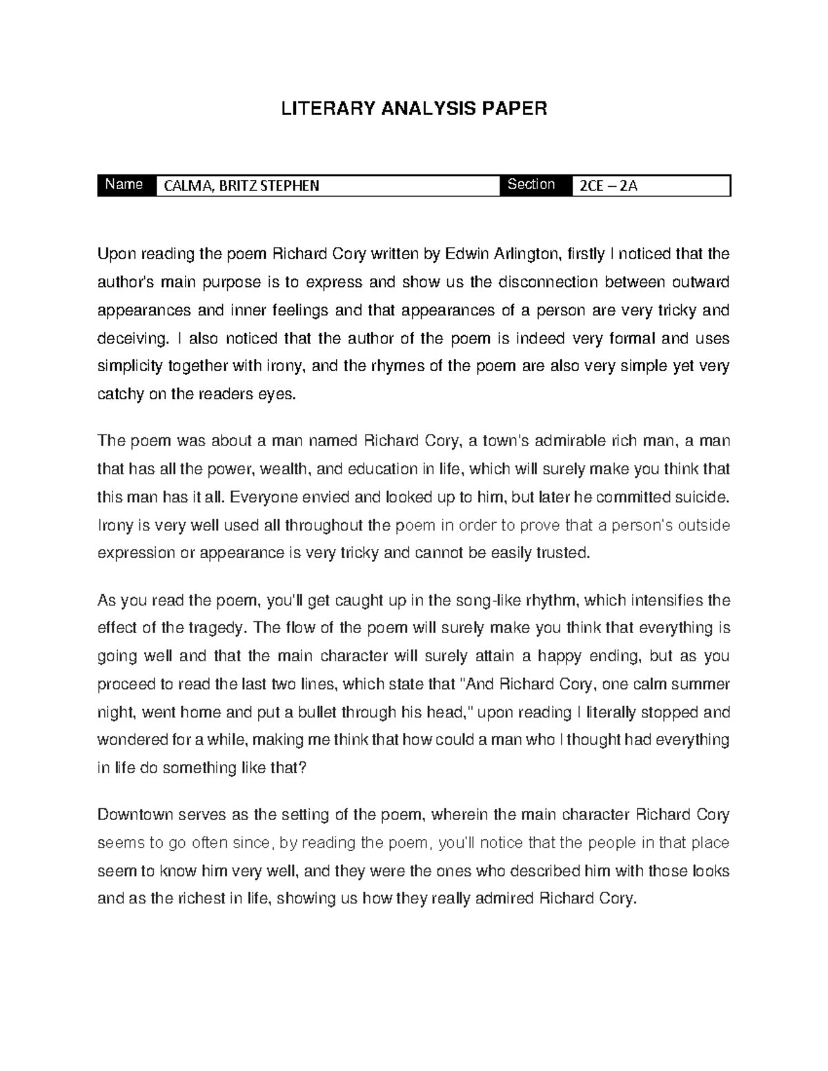 Literary Analysis 4309 - LITERARY ANALYSIS PAPER Name CALMA, BRITZ ...