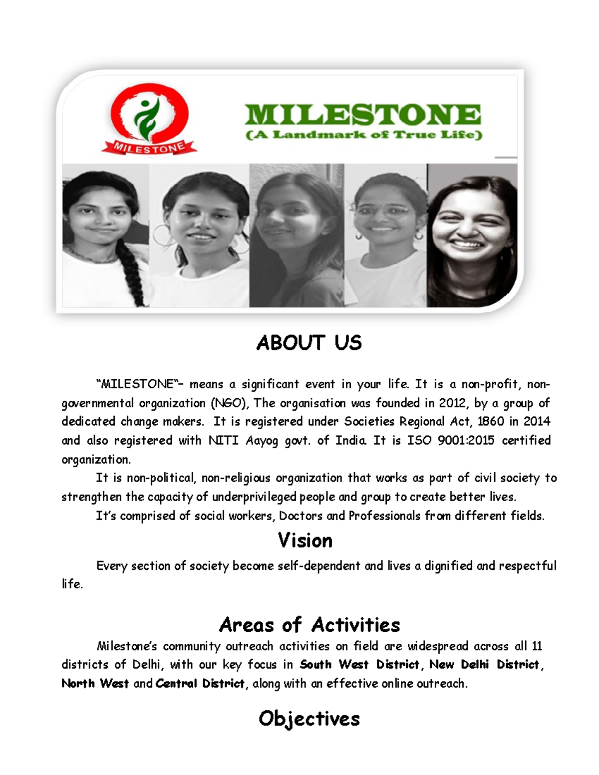Milestone NGO Profile 4 pager - ABOUT US “MILESTONE“– means a ...