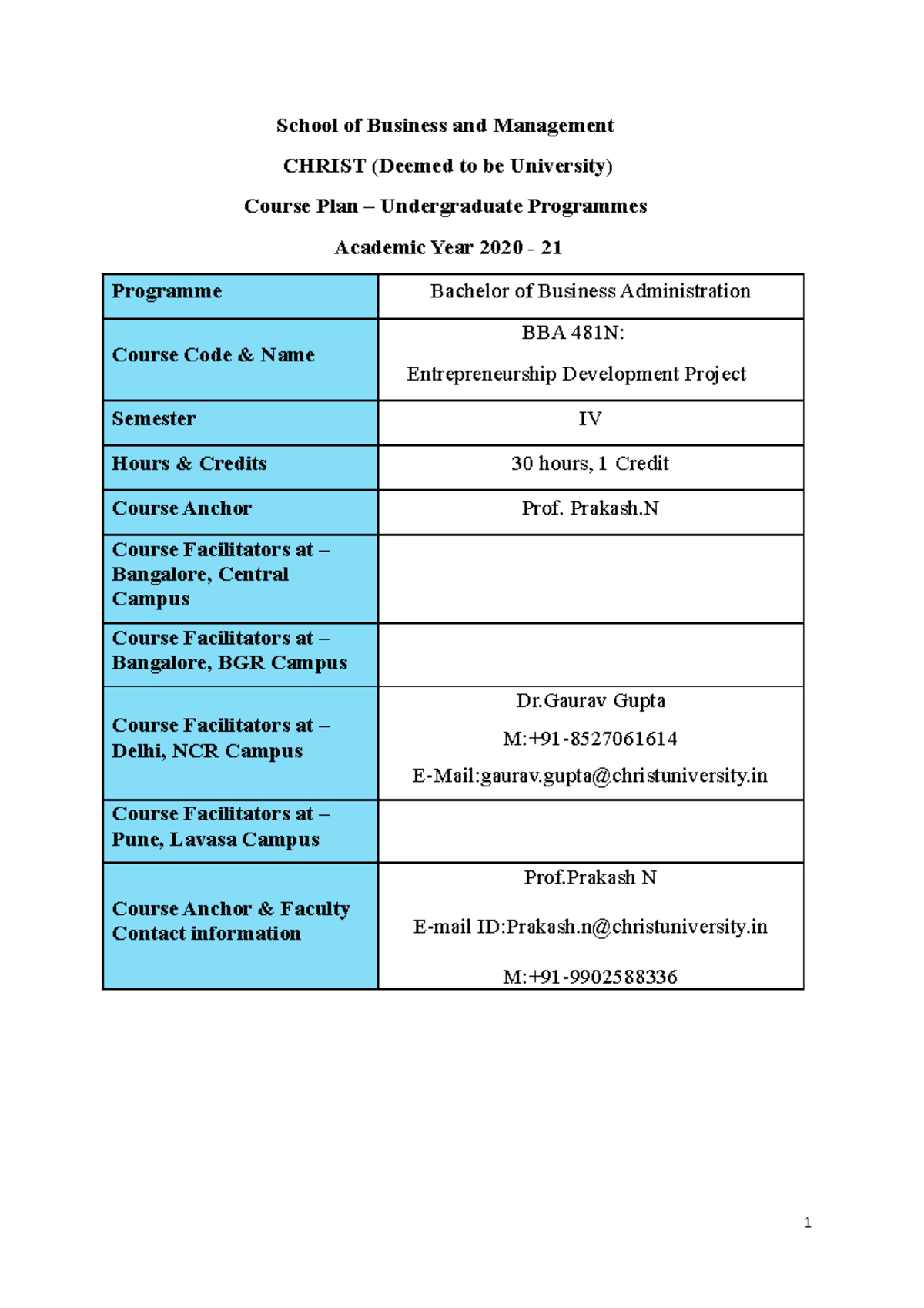 BBA481 ED Project Course Plan - School of Business and Management ...