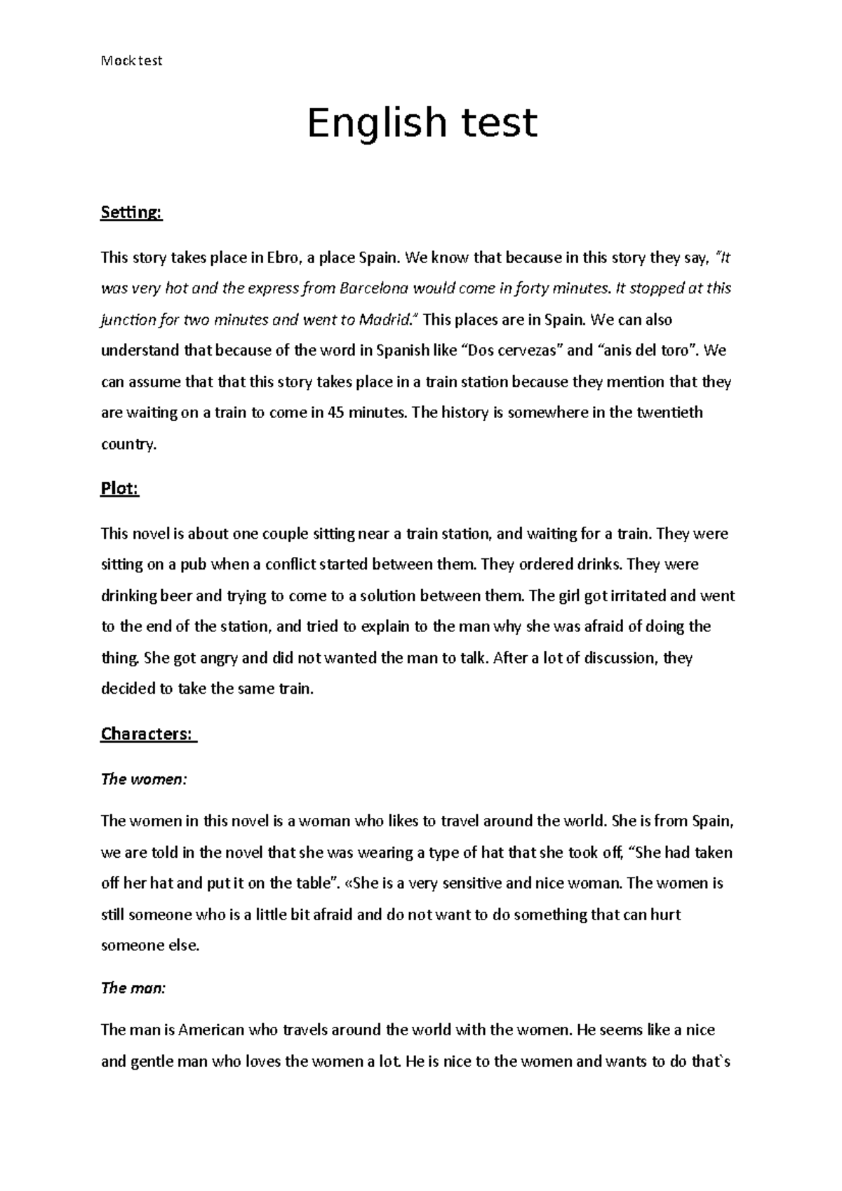 Engelsk analyse av short story - Mock test English test Setting: This ...