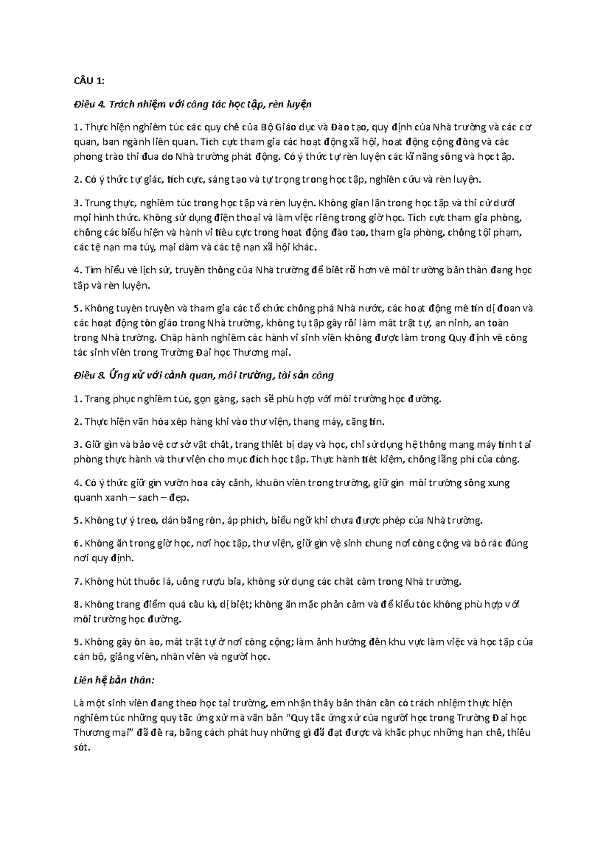 BÀI THU HOẠCH - CÂU 1: Điềều 4. Trách nhi m v i công tác h c t p, rèn luy nệớọậệ Th c hi n ...