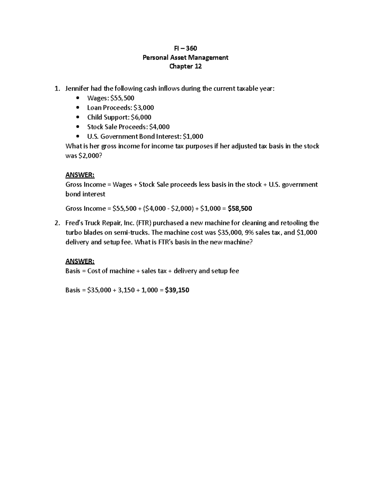 Chapter 12 In-Class Assignment Solutions - FI – 360 Personal Asset ...