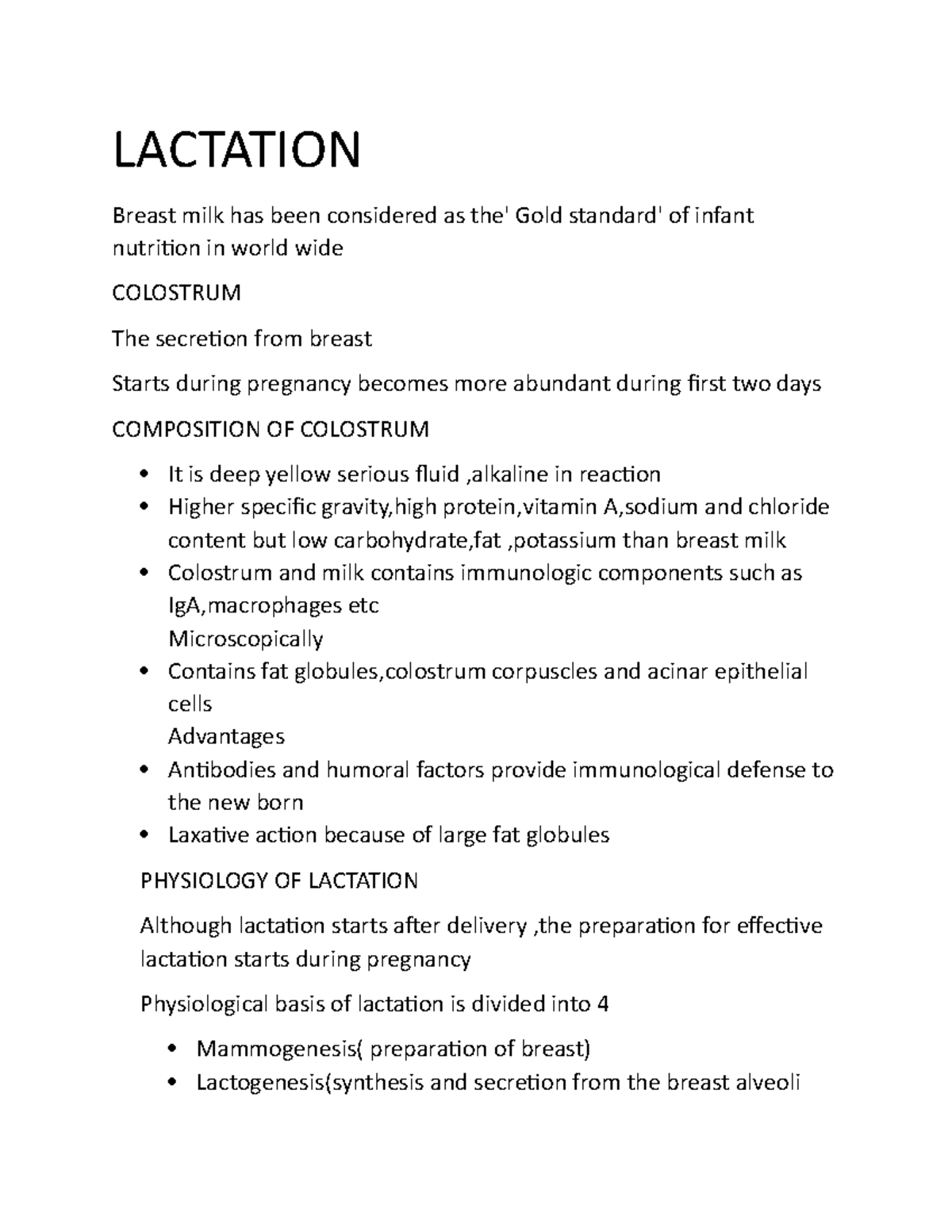 Lactation NOTE - LACTATION Breast milk has been considered as the' Gold ...
