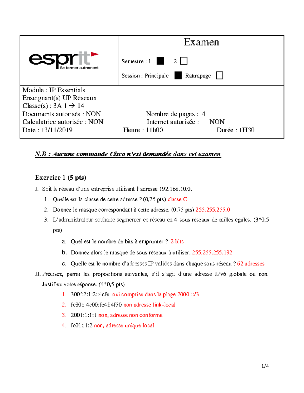 Exam IPEss 1920 S1P1 correction - Examen Semestre : 1 2 Session ...