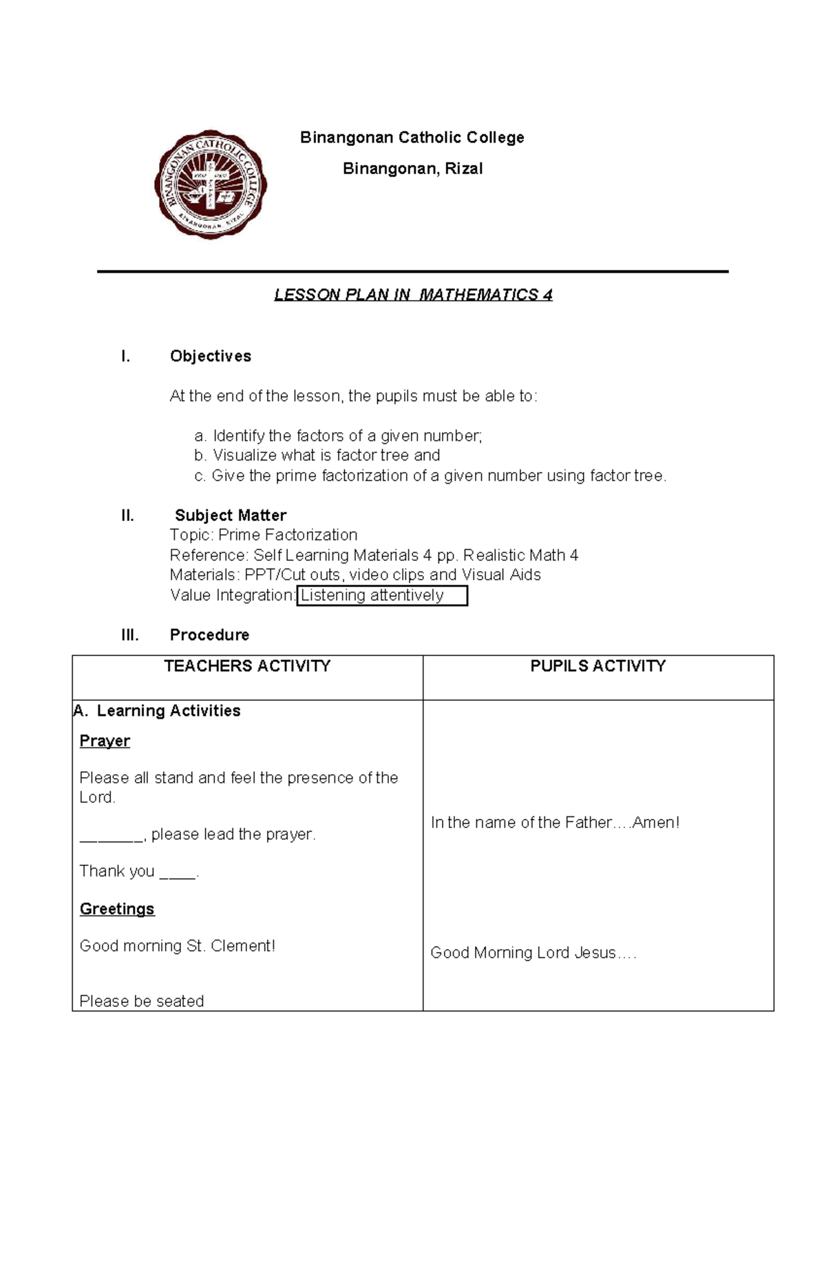 Prime factorization Detailed Plan - Binangonan Catholic College ...