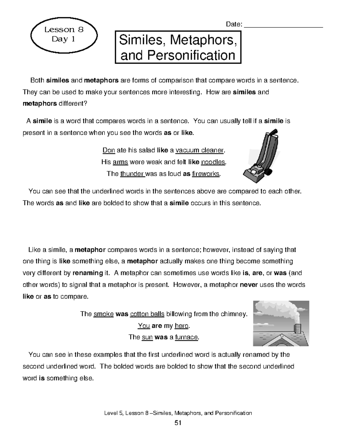 Metaphors and similes - Lesson plan - Date: _____________________ Level ...