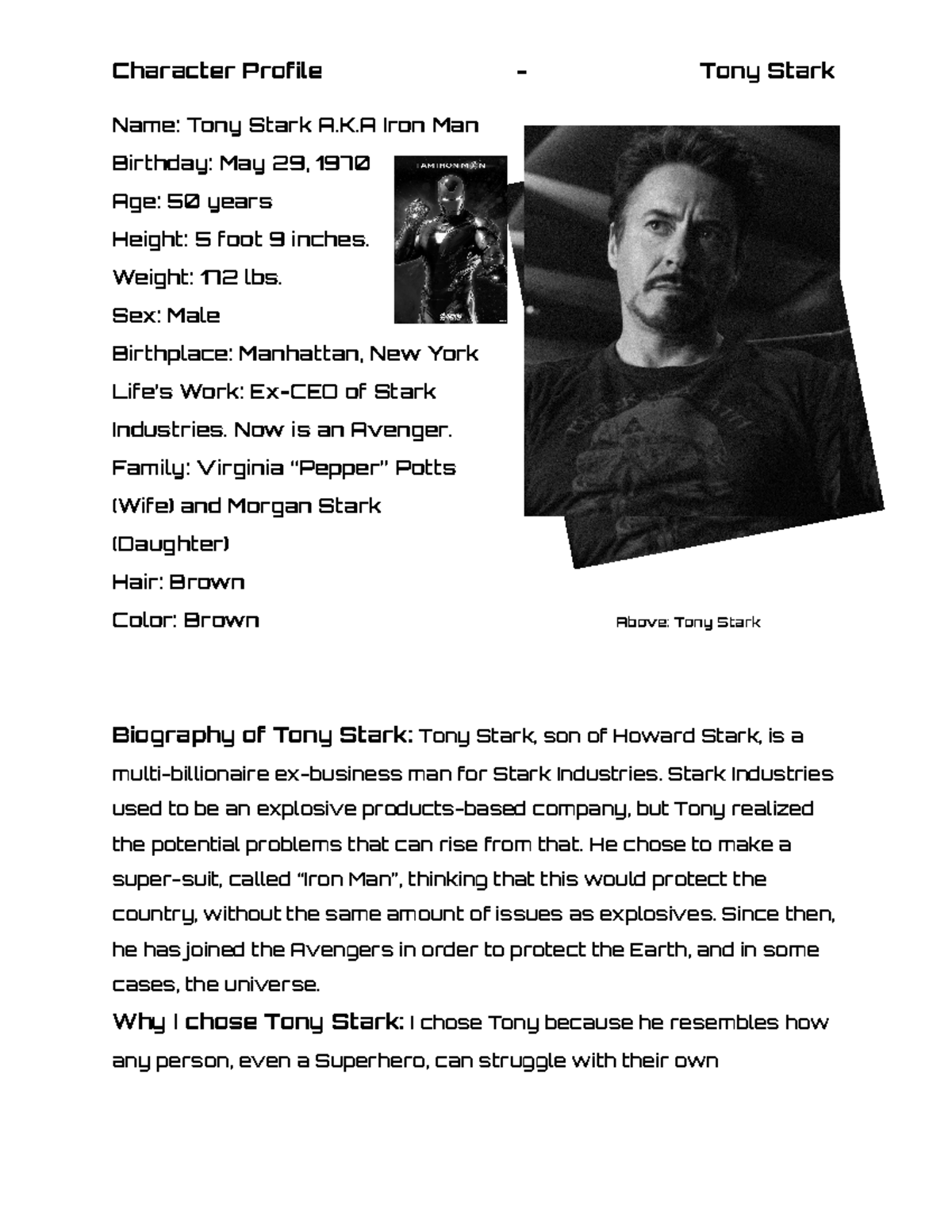 Character Psych Profile - Character Profile - Tony Stark Name: Tony ...