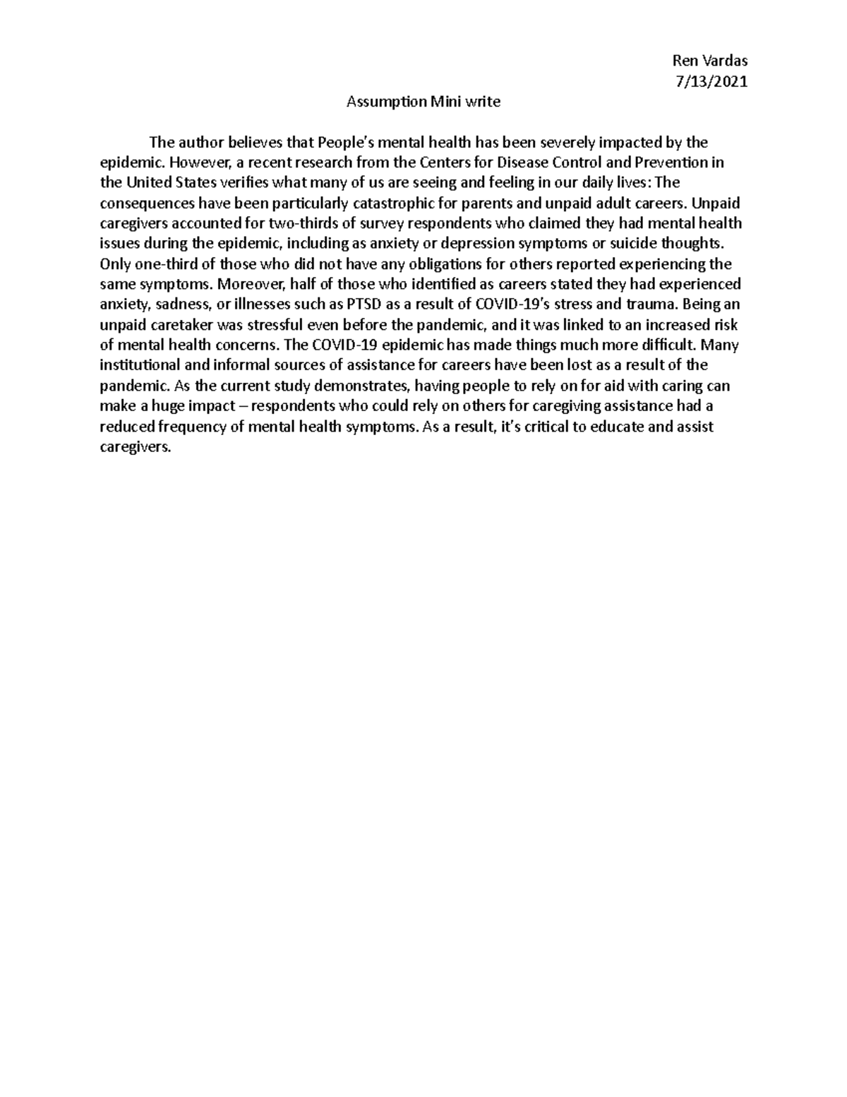 Assumption Mini Write - Ren Vardas 7/13/ Assumption Mini write The ...