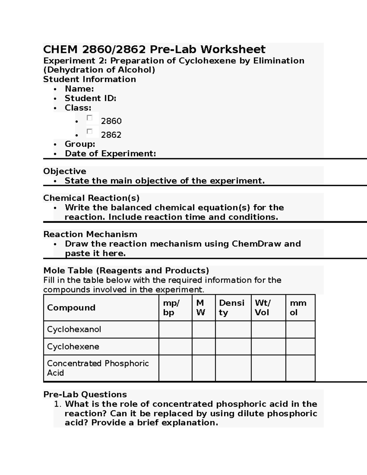 Lab2 pre 1 - Lab2 pre 1 - CHEM 2860/2862 Pre-Lab Worksheet Experiment 2: Preparation of ...