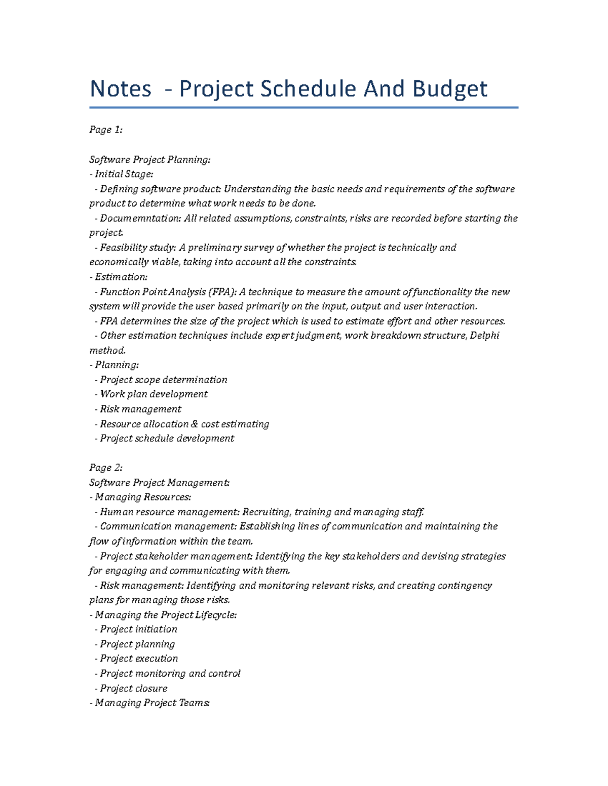 Lecture notes - Project Schedule And Budget - Notes - Project Schedule ...