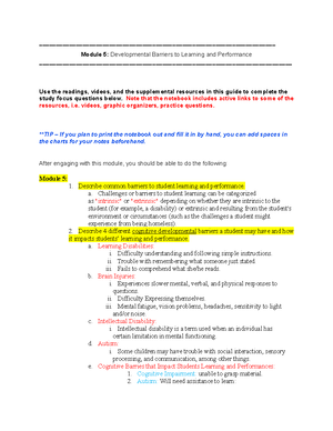 Module 5 Study Guide - Module 5: Developmental Barriers to Learning and ...