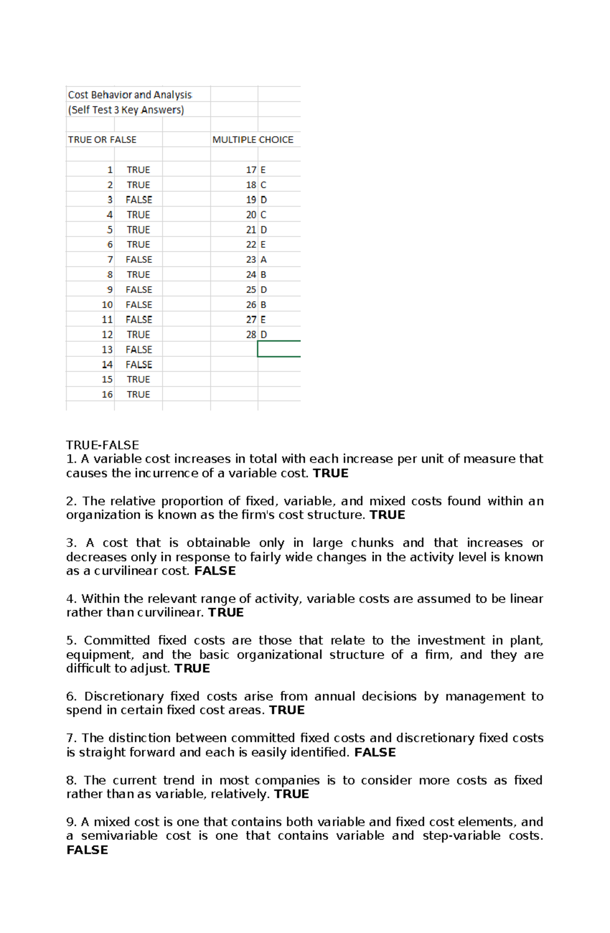 (5) Try This Cost Behavior and Analysis Key Answers - TRUE-FALSE A ...