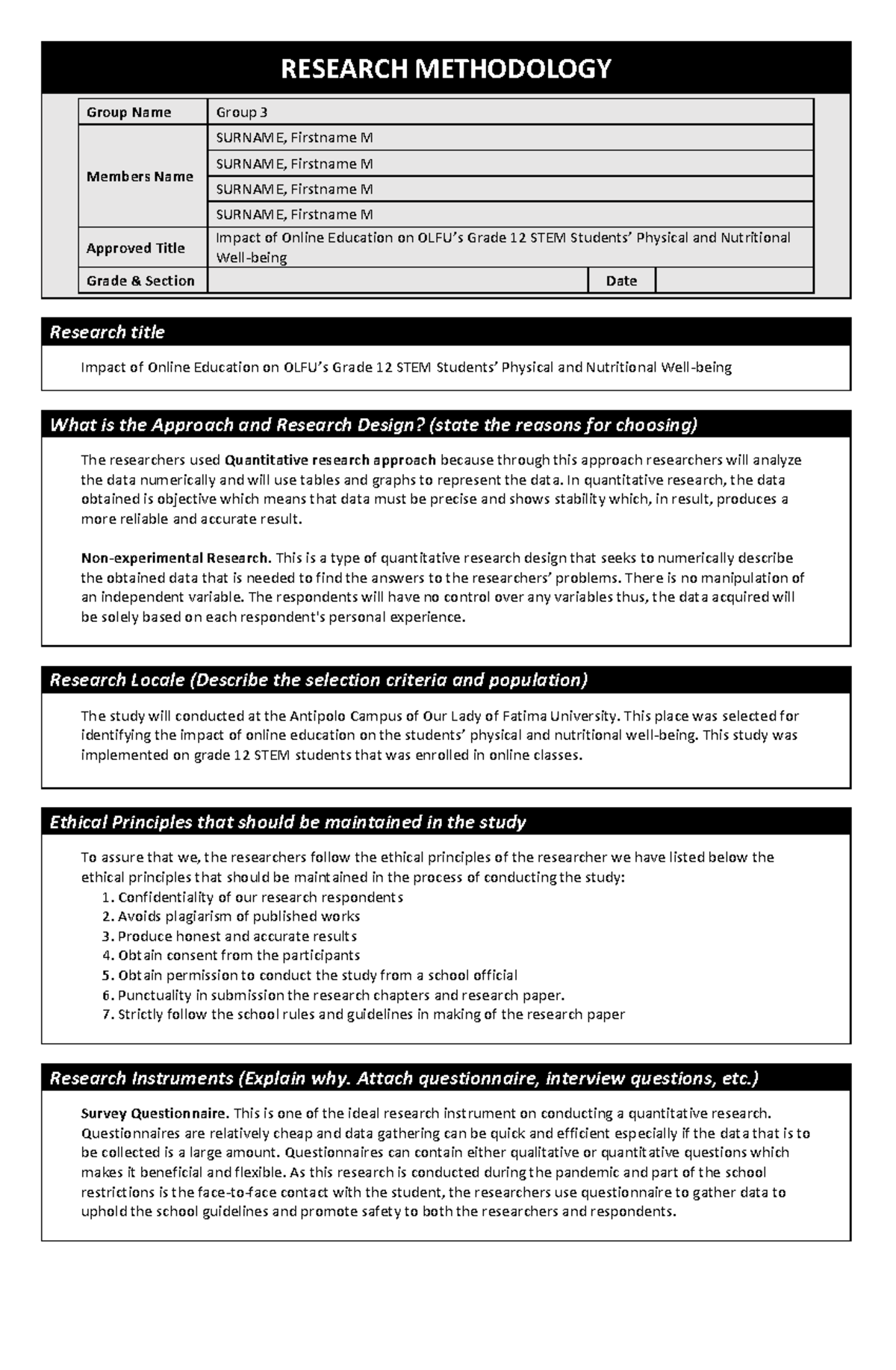 Week 6 research methodology sample - Stem - OLFU - Studocu