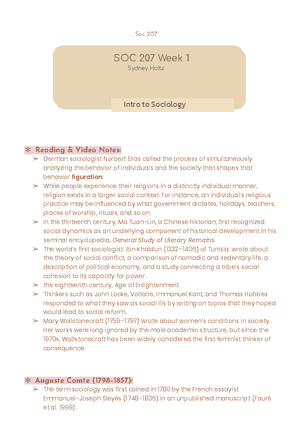 Sociology Week 1 - Soc 207 SOC 207 Week 1 Sydney Holtz Intro to ...