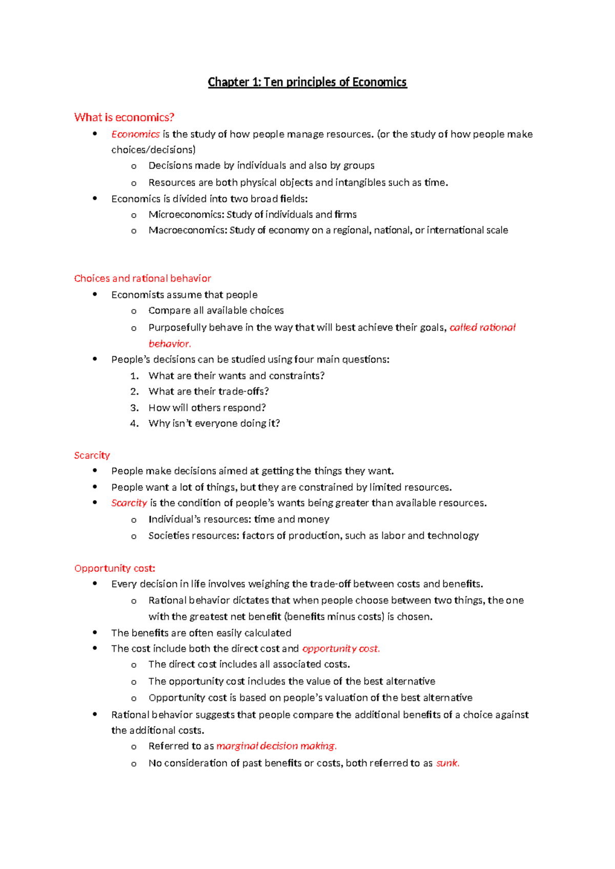 Chapter 1 - note for chap 1 - Chapter 1: Ten principles of Economics ...